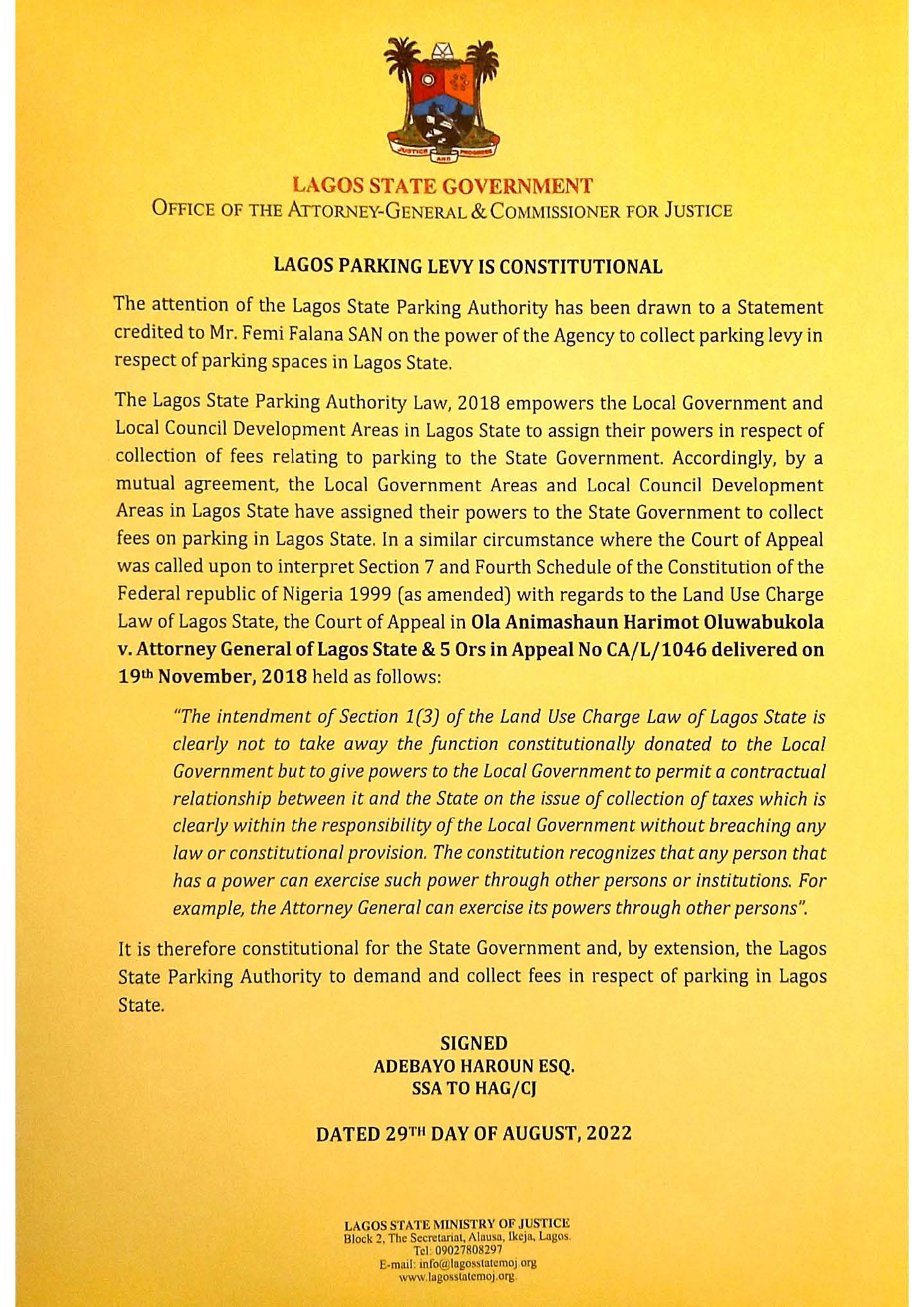 Lagos State Parking Levy Is Constitutional Ag Laspa